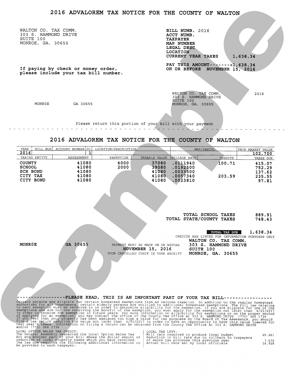 Tax Bill Sample | Monroe Georgia